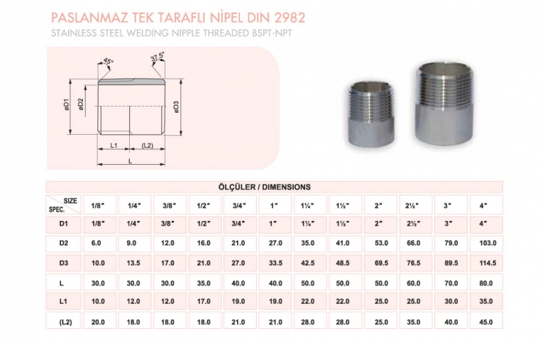 Paslanmaz Tek Taraflı Nipel DIN 2982 – Yavuz Teknik